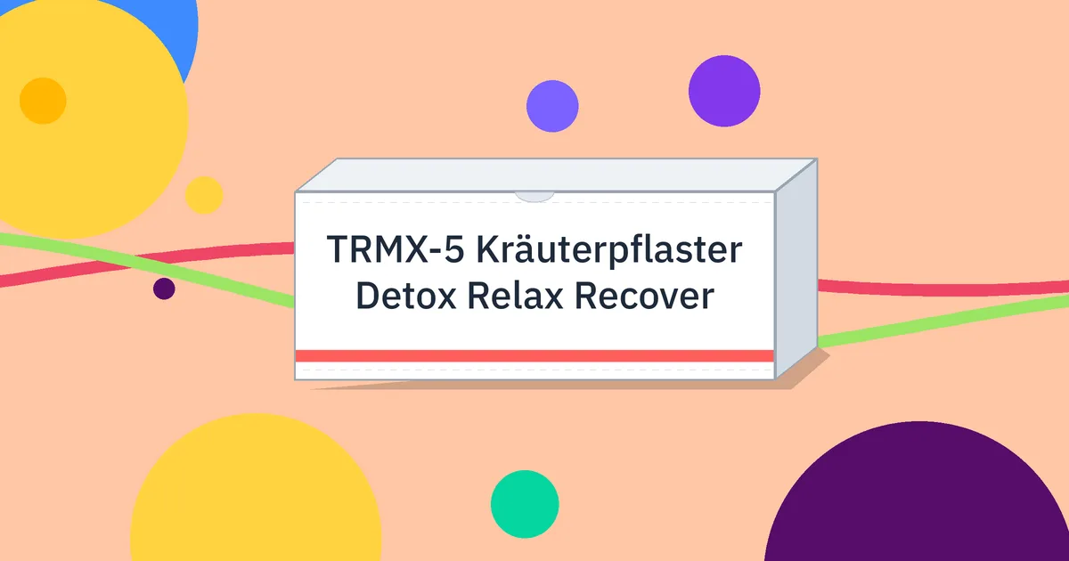 Symbolbild: Packung mit der Aufschrift TRMX-5 Kräuterpflaster Detox Relax Recover (PZN 19335743) – Verfügbarkeit und Bezug in Apotheken in Frankfurt am Main
