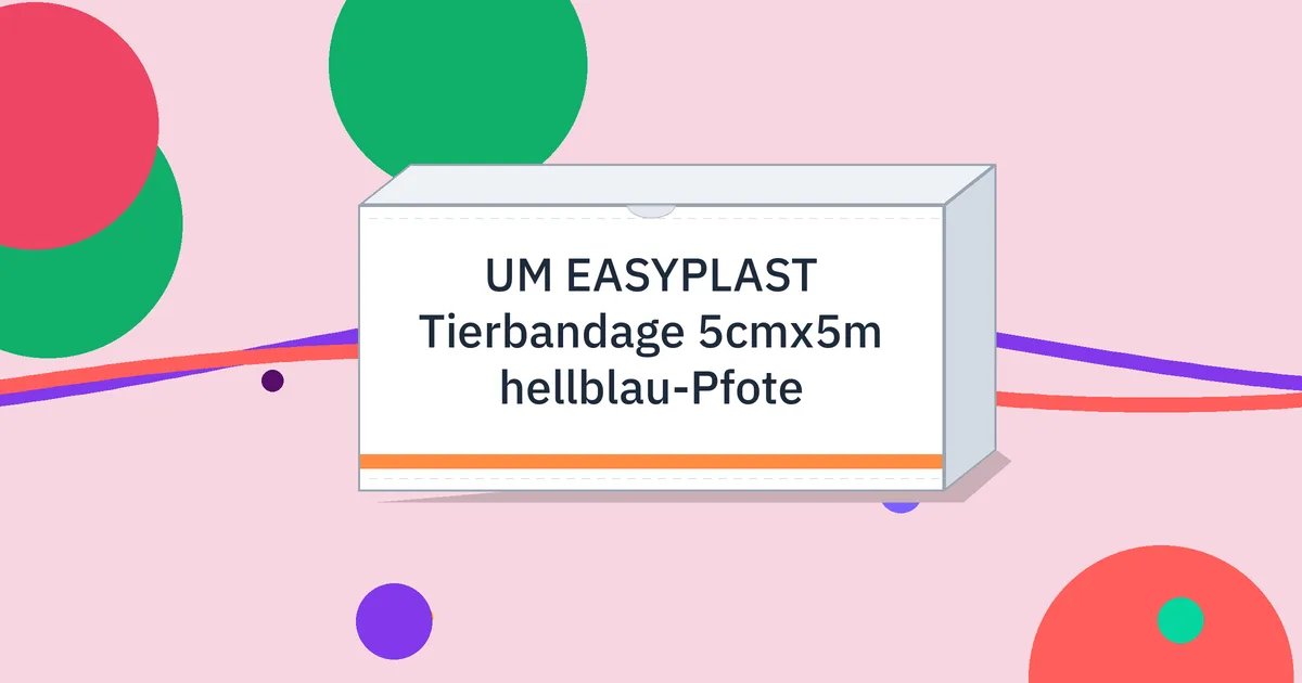 Symbolbild: Packung mit der Aufschrift UM EASYPLAST Tierbandage 5cmx5m hellblau-Pfote (PZN 19398270) – Verfügbarkeit und Bezug in Apotheken in Frankfurt am Main