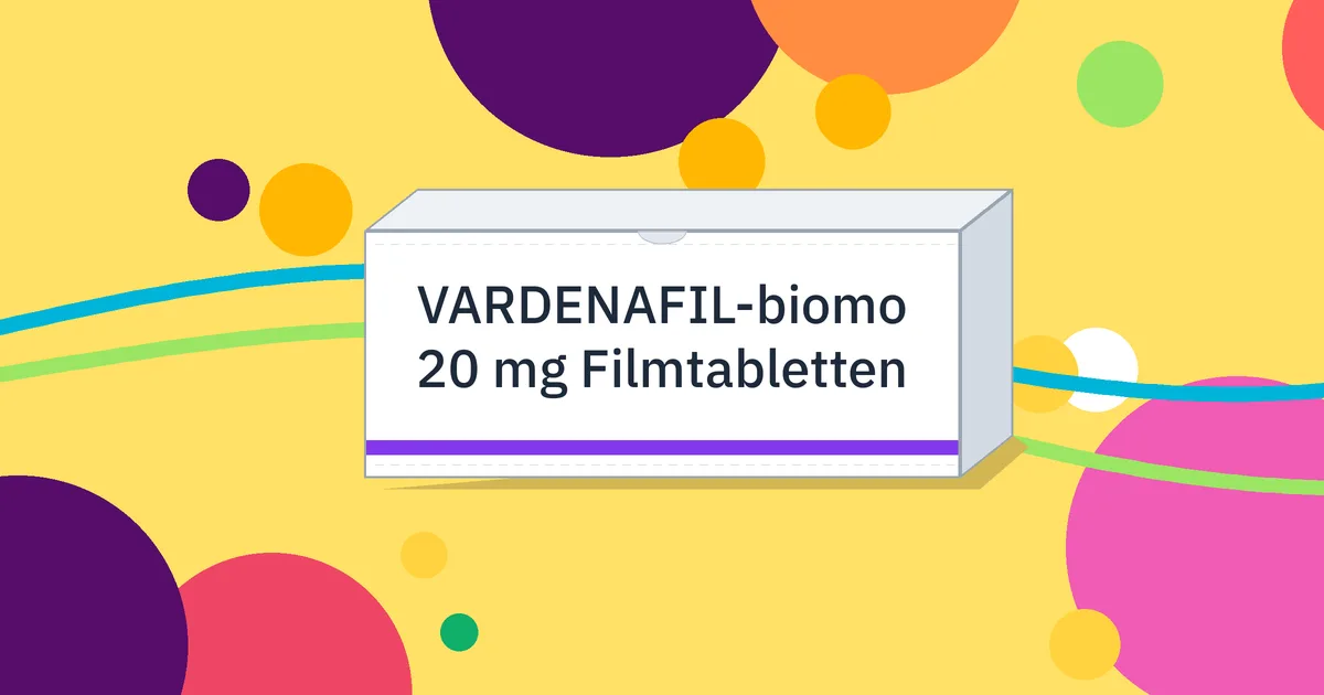 Symbolbild: Packung mit der Aufschrift VARDENAFIL-biomo 20 mg Filmtabletten (PZN 14413266) – Verfügbarkeit und Bezug in Apotheken in Frankfurt am Main