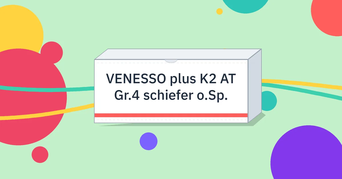 Symbolbild: Packung mit der Aufschrift VENESSO plus K2 AT Gr.4 schiefer o.Sp. (PZN 03288533) – Verfügbarkeit und Bezug in Apotheken in Frankfurt am Main