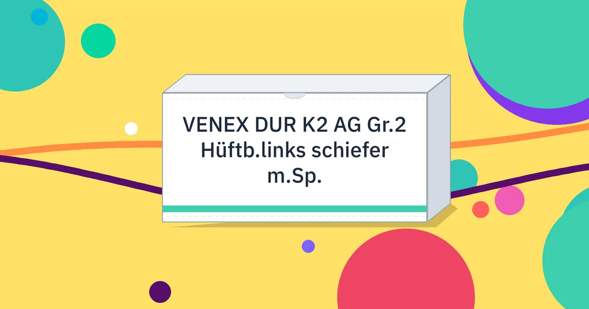Symbolbild: Packung mit der Aufschrift VENEX DUR K2 AG Gr.2 Hüftb.links schiefer m.Sp. (PZN 03226609) – Verfügbarkeit und Bezug in Apotheken in Frankfurt am Main