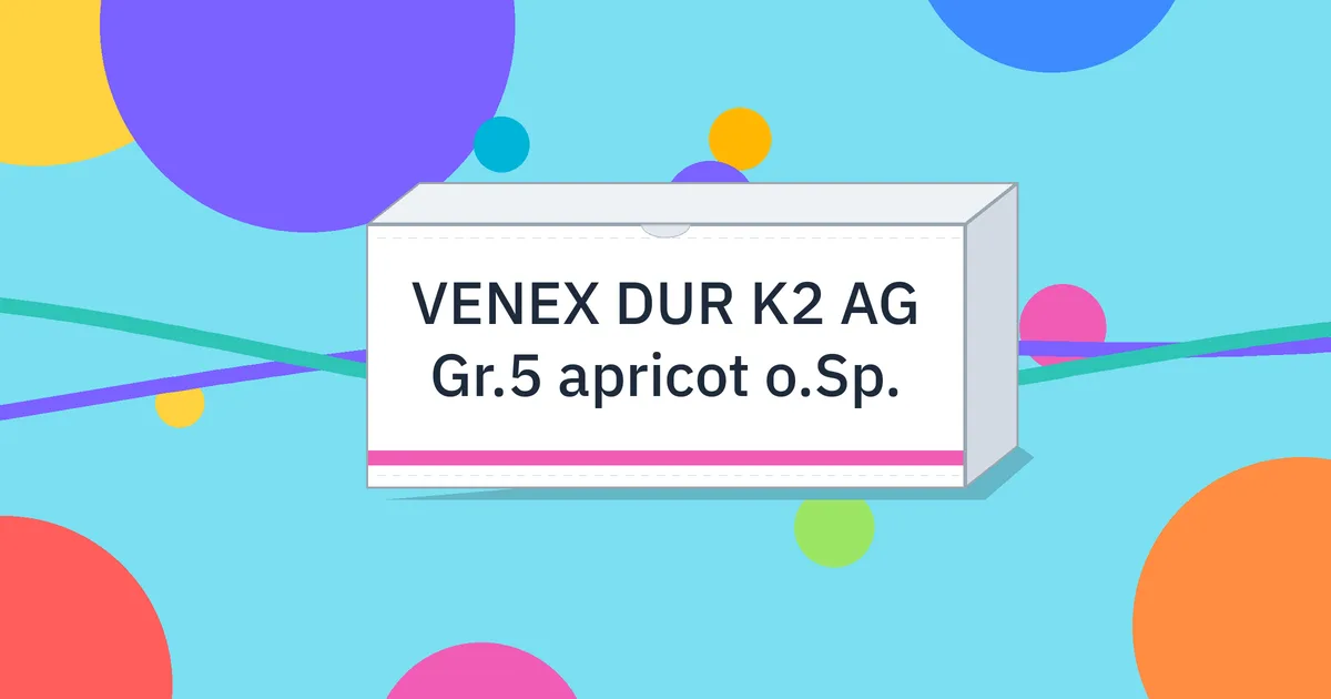 Symbolbild: Packung mit der Aufschrift VENEX DUR K2 AG Gr.5 apricot o.Sp. (PZN 03216640) – Verfügbarkeit und Bezug in Apotheken in Frankfurt am Main