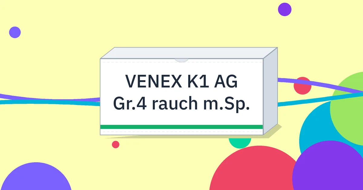 Symbolbild: Packung mit der Aufschrift VENEX K1 AG Gr.4 rauch m.Sp. (PZN 03186749) – Verfügbarkeit und Bezug in Apotheken in Frankfurt am Main