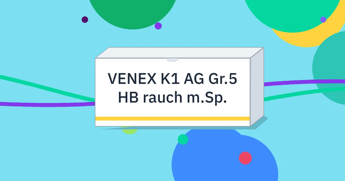 Symbolbild: Packung mit der Aufschrift VENEX K1 AG Gr.5 HB rauch m.Sp. (PZN 03190455) – Verfügbarkeit und Bezug in Apotheken in Frankfurt am Main