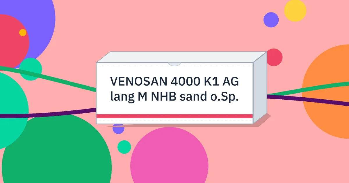 Symbolbild: Packung mit der Aufschrift VENOSAN 4000 K1 AG lang M NHB sand o.Sp. (PZN 14422087) – Verfügbarkeit und Bezug in Apotheken in Frankfurt am Main