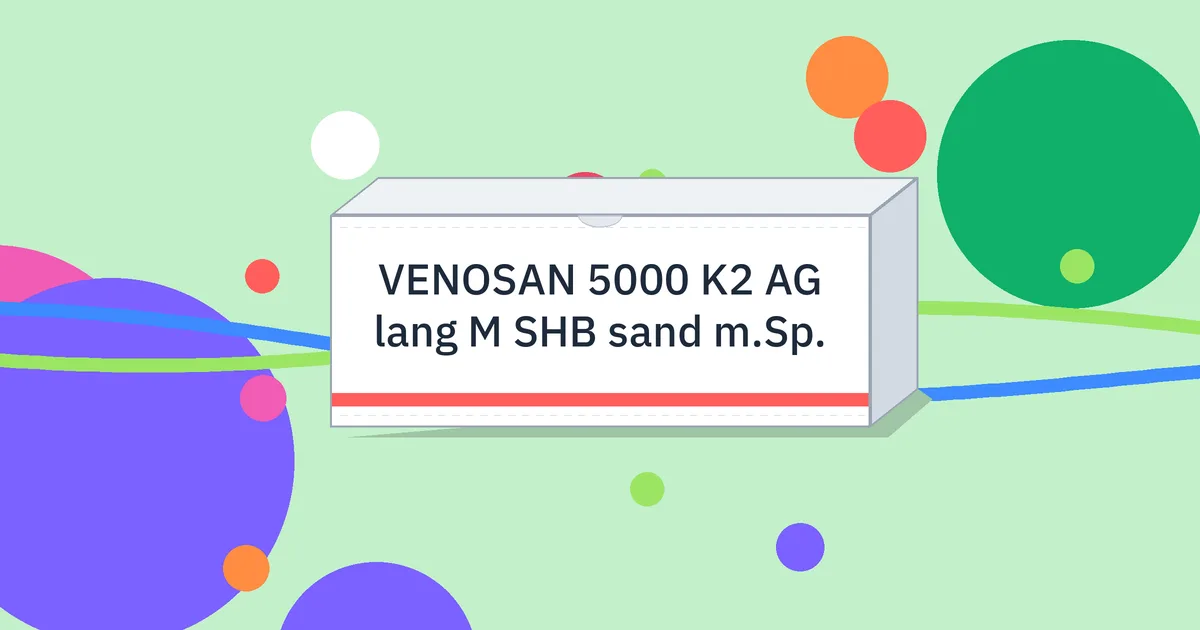 Symbolbild: Packung mit der Aufschrift VENOSAN 5000 K2 AG lang M SHB sand m.Sp. (PZN 14428782) – Verfügbarkeit und Bezug in Apotheken in Frankfurt am Main
