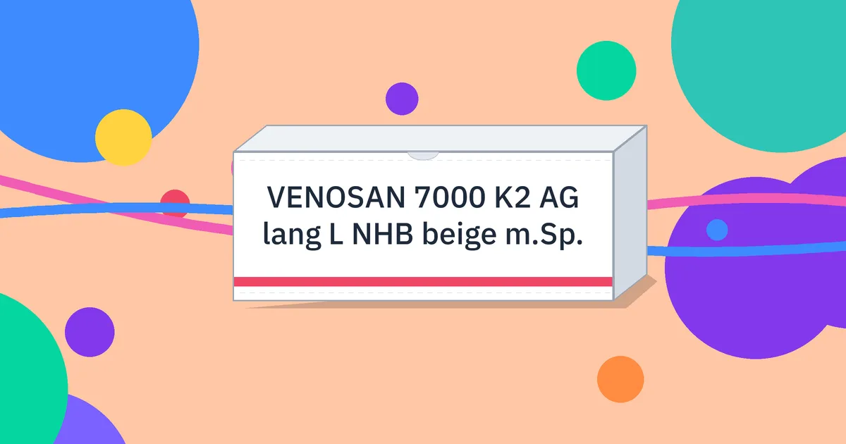 Symbolbild: Packung mit der Aufschrift VENOSAN 7000 K2 AG lang L NHB beige m.Sp. (PZN 14434794) – Verfügbarkeit und Bezug in Apotheken in Frankfurt am Main