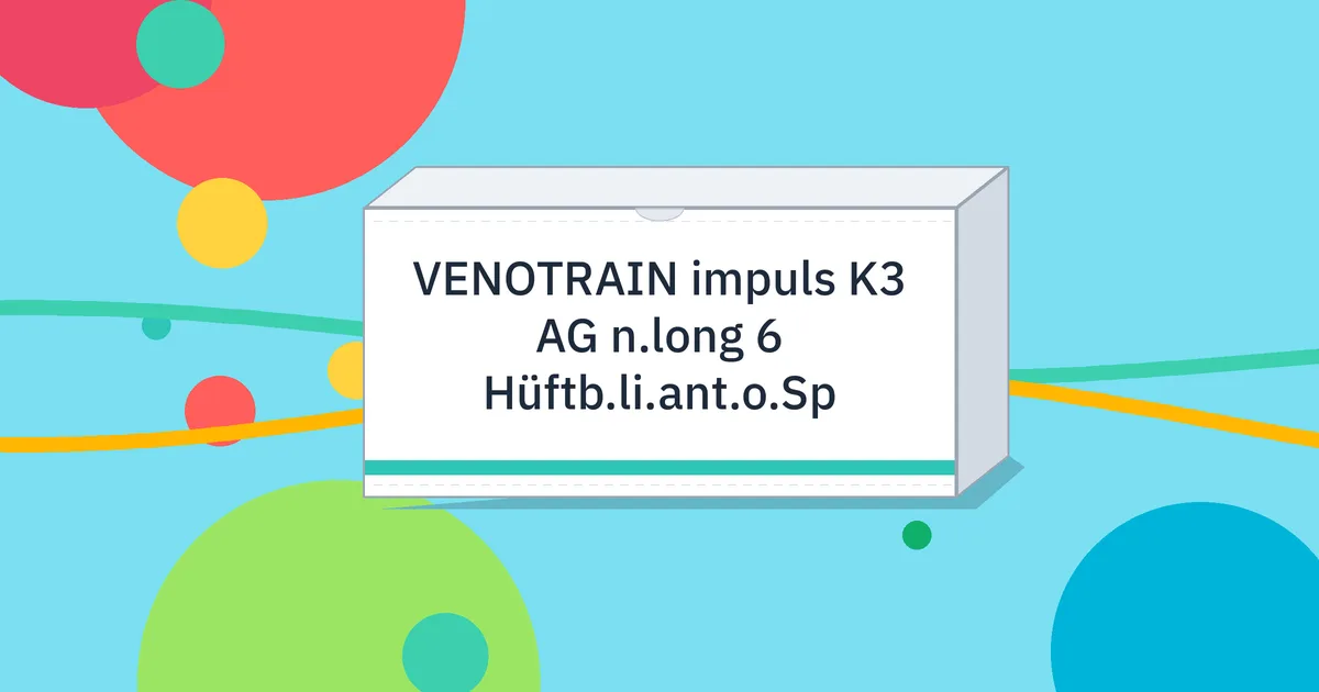 Symbolbild: Packung mit der Aufschrift VENOTRAIN impuls K3 AG n.long 6 Hüftb.li.ant.o.Sp (PZN 15220894) – Verfügbarkeit und Bezug in Apotheken in Frankfurt am Main