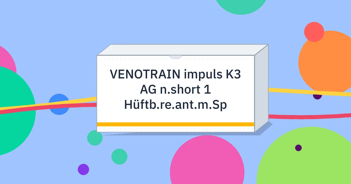 Symbolbild: Packung mit der Aufschrift VENOTRAIN impuls K3 AG n.short 1 Hüftb.re.ant.m.Sp (PZN 15218118) – Verfügbarkeit und Bezug in Apotheken in Frankfurt am Main