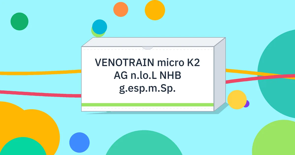 Symbolbild: Packung mit der Aufschrift VENOTRAIN micro K2 AG n.lo.L NHB g.esp.m.Sp. (PZN 06050430) – Verfügbarkeit und Bezug in Apotheken in Frankfurt am Main