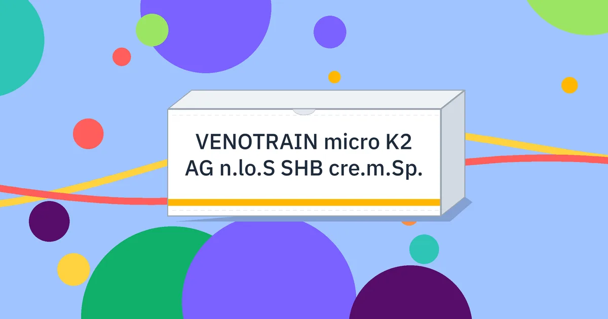 Symbolbild: Packung mit der Aufschrift VENOTRAIN micro K2 AG n.lo.S SHB cre.m.Sp. (PZN 00416611) – Verfügbarkeit und Bezug in Apotheken in Frankfurt am Main