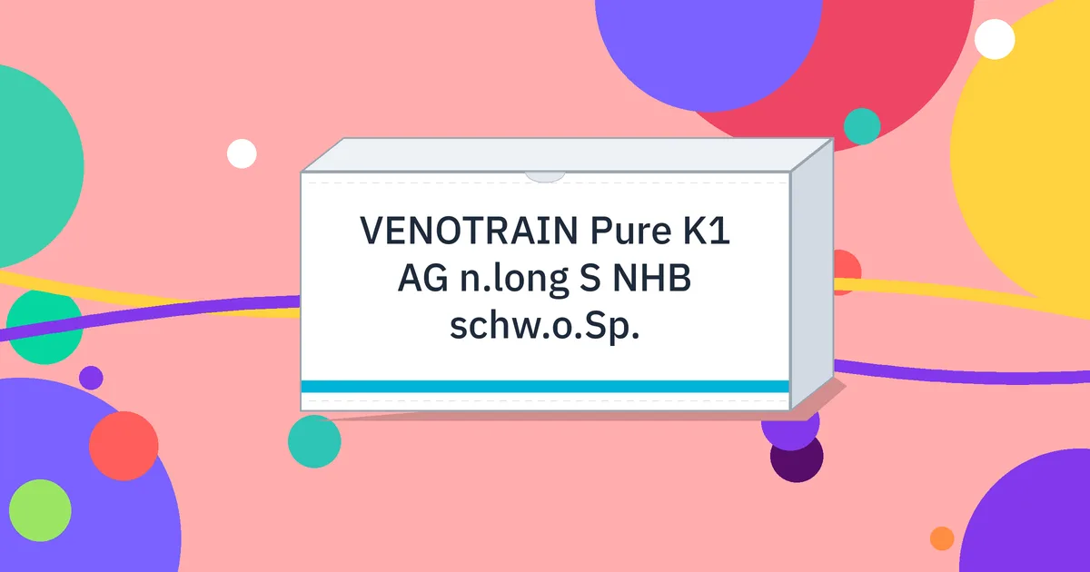 Symbolbild: Packung mit der Aufschrift VENOTRAIN Pure K1 AG n.long S NHB schw.o.Sp. (PZN 18147703) – Verfügbarkeit und Bezug in Apotheken in Frankfurt am Main
