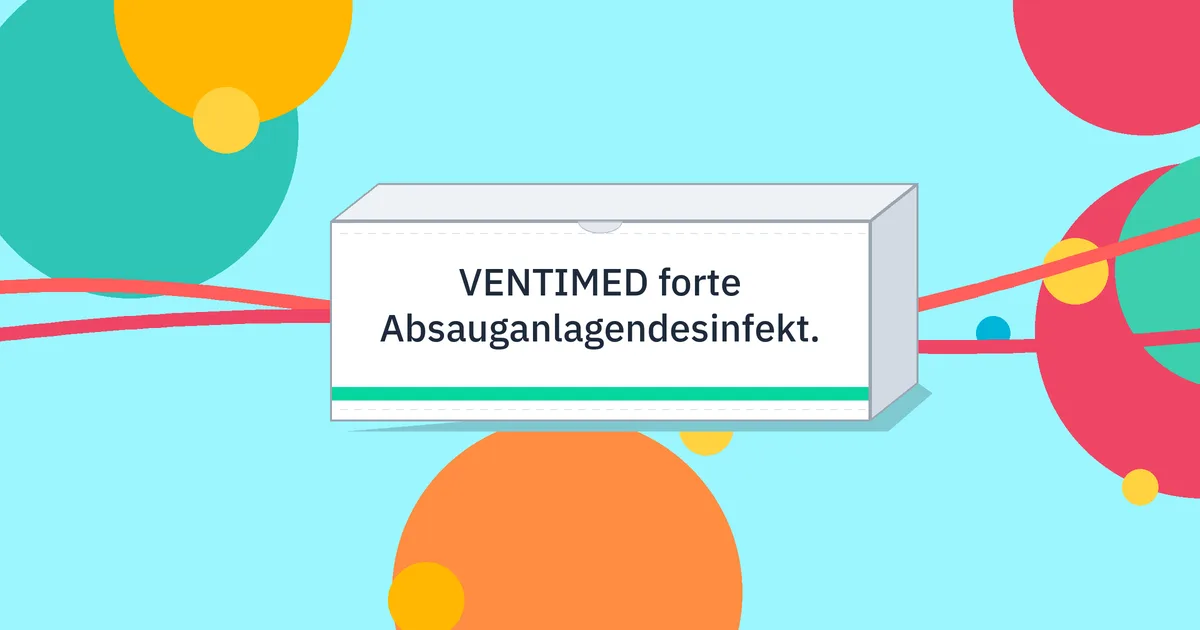 Symbolbild: Packung mit der Aufschrift VENTIMED forte Absauganlagendesinfekt. (PZN 06921008) – Verfügbarkeit und Bezug in Apotheken in Frankfurt am Main