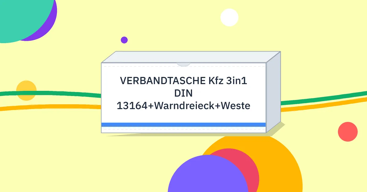 Symbolbild: Packung mit der Aufschrift VERBANDTASCHE Kfz 3in1 DIN 13164+Warndreieck+Weste (PZN 14169300) – Verfügbarkeit und Bezug in Apotheken in Frankfurt am Main
