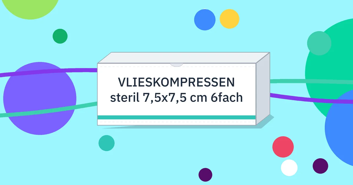 Symbolbild: Packung mit der Aufschrift VLIESKOMPRESSEN steril 7,5x7,5 cm 6fach (PZN 01330840) – Verfügbarkeit und Bezug in Apotheken in Frankfurt am Main