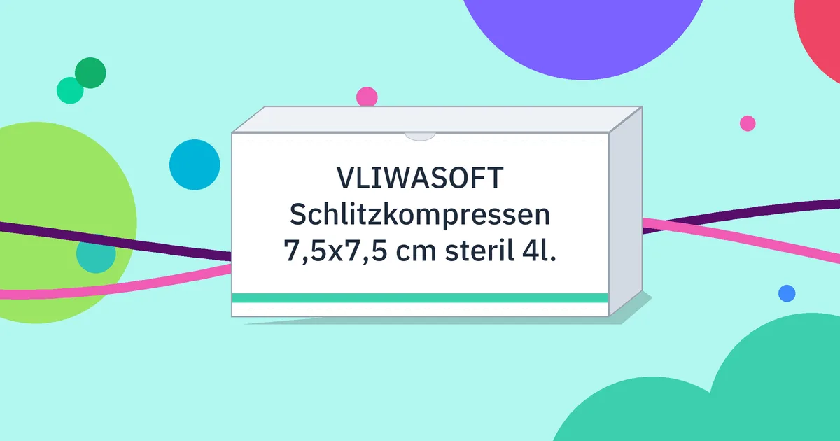 Symbolbild: Packung mit der Aufschrift VLIWASOFT Schlitzkompressen 7,5x7,5 cm steril 4l. (PZN 06868768) – Verfügbarkeit und Bezug in Apotheken in Frankfurt am Main