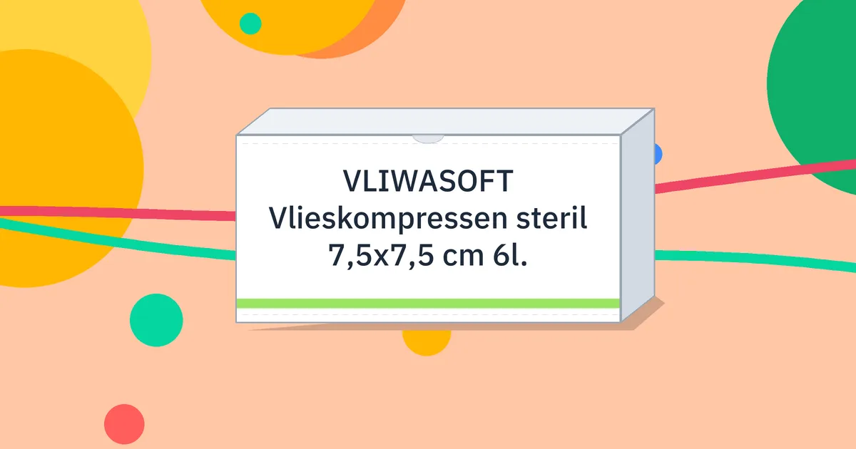 Symbolbild: Packung mit der Aufschrift VLIWASOFT Vlieskompressen steril 7,5x7,5 cm 6l. (PZN 17834212) – Verfügbarkeit und Bezug in Apotheken in Frankfurt am Main