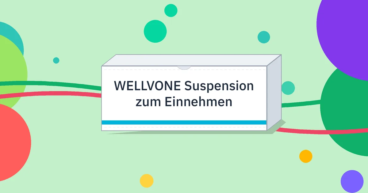 Symbolbild: Packung mit der Aufschrift WELLVONE Suspension zum Einnehmen (PZN 19275047) – Verfügbarkeit und Bezug in Apotheken in Frankfurt am Main
