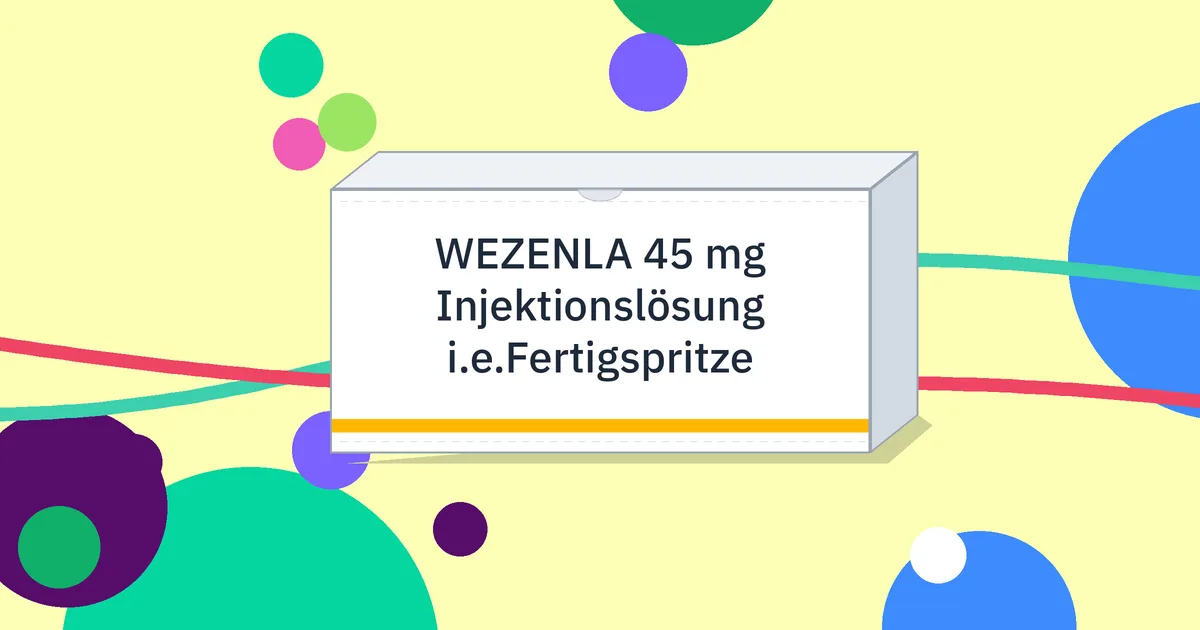 Symbolbild: Packung mit der Aufschrift WEZENLA 45 mg Injektionslösung i.e.Fertigspritze (PZN 20789308) – Verfügbarkeit und Bezug in Apotheken in Frankfurt am Main