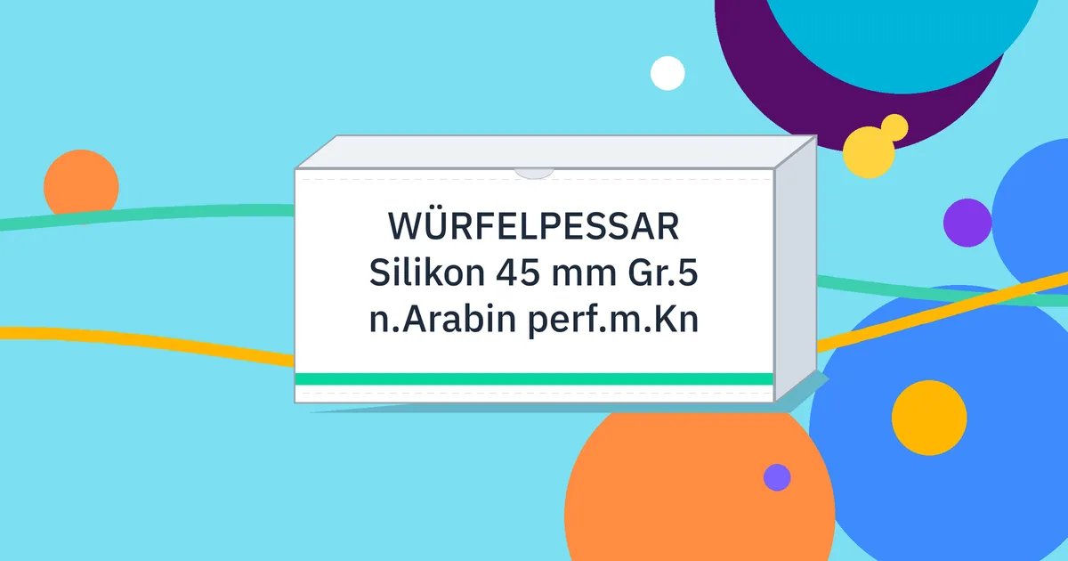 Symbolbild: Packung mit der Aufschrift WÜRFELPESSAR Silikon 45 mm Gr.5 n.Arabin perf.m.Kn (PZN 09305729) – Verfügbarkeit und Bezug in Apotheken in Frankfurt am Main