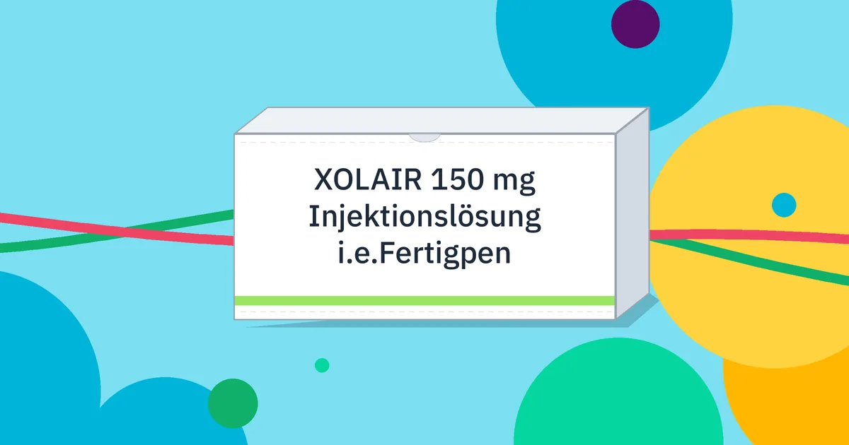 Symbolbild: Packung mit der Aufschrift XOLAIR 150 mg Injektionslösung i.e.Fertigpen (PZN 19859707) – Verfügbarkeit und Bezug in Apotheken in Frankfurt am Main