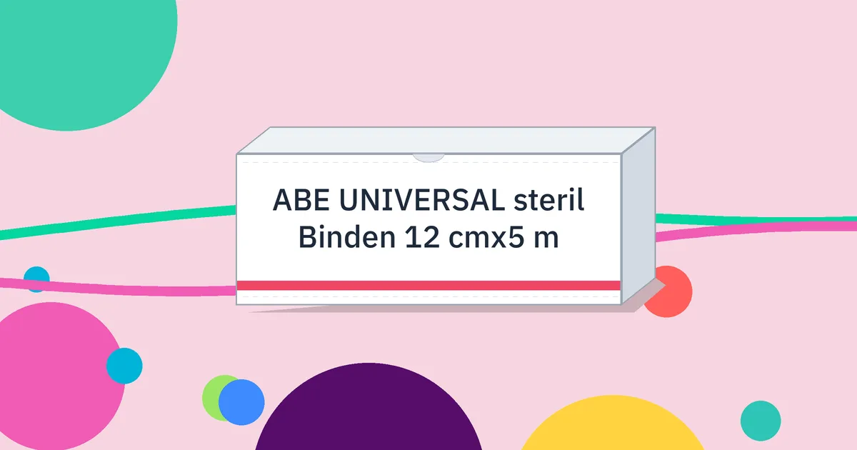 Symbolbild: Packung mit der Aufschrift ABE UNIVERSAL steril Binden 12 cmx5 m (PZN 13655719) – Verfügbarkeit und Bezug in Apotheken in Frankfurt am Main