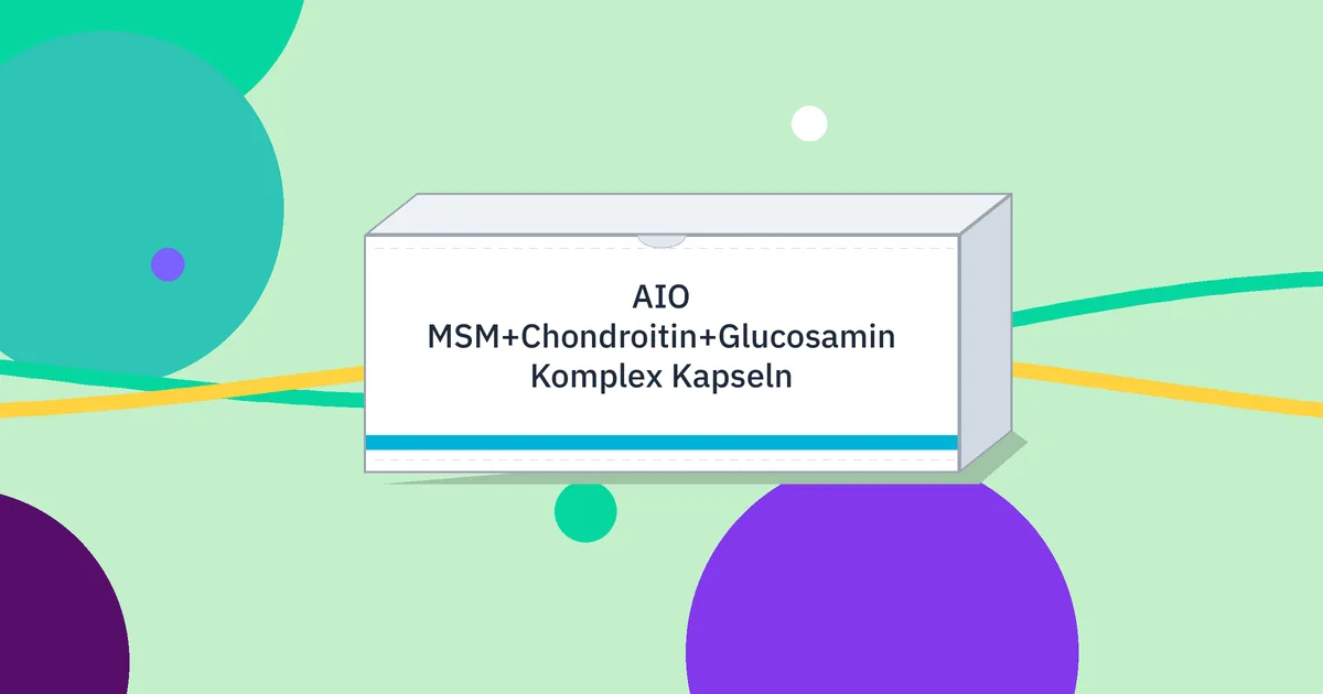Symbolbild: Packung mit der Aufschrift AIO MSM+Chondroitin+Glucosamin Komplex Kapseln (PZN 19178829) – Verfügbarkeit und Bezug in Apotheken in Frankfurt am Main