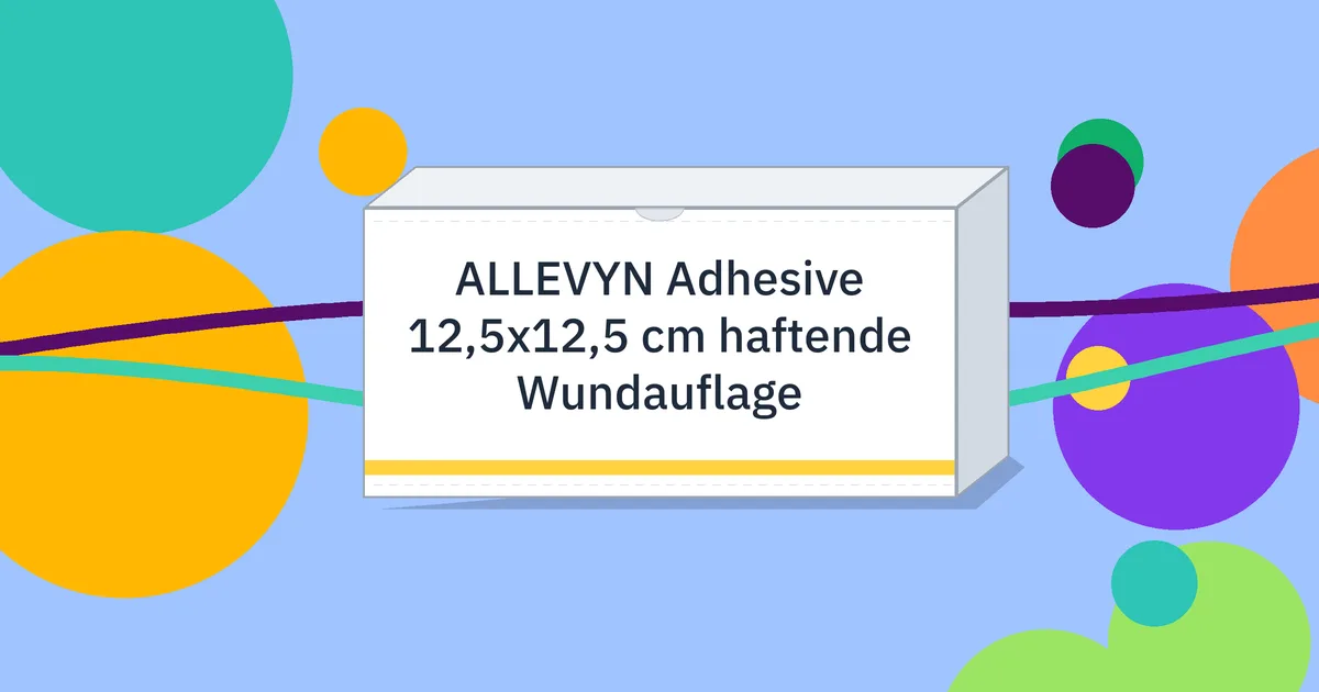 Symbolbild: Packung mit der Aufschrift ALLEVYN Adhesive 12,5x12,5 cm haftende Wundauflage (PZN 11006448) – Verfügbarkeit und Bezug in Apotheken in Frankfurt am Main