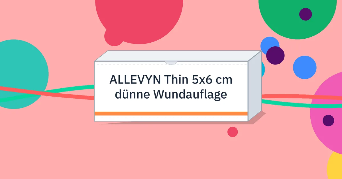Symbolbild: Packung mit der Aufschrift ALLEVYN Thin 5x6 cm dünne Wundauflage (PZN 15419147) – Verfügbarkeit und Bezug in Apotheken in Frankfurt am Main