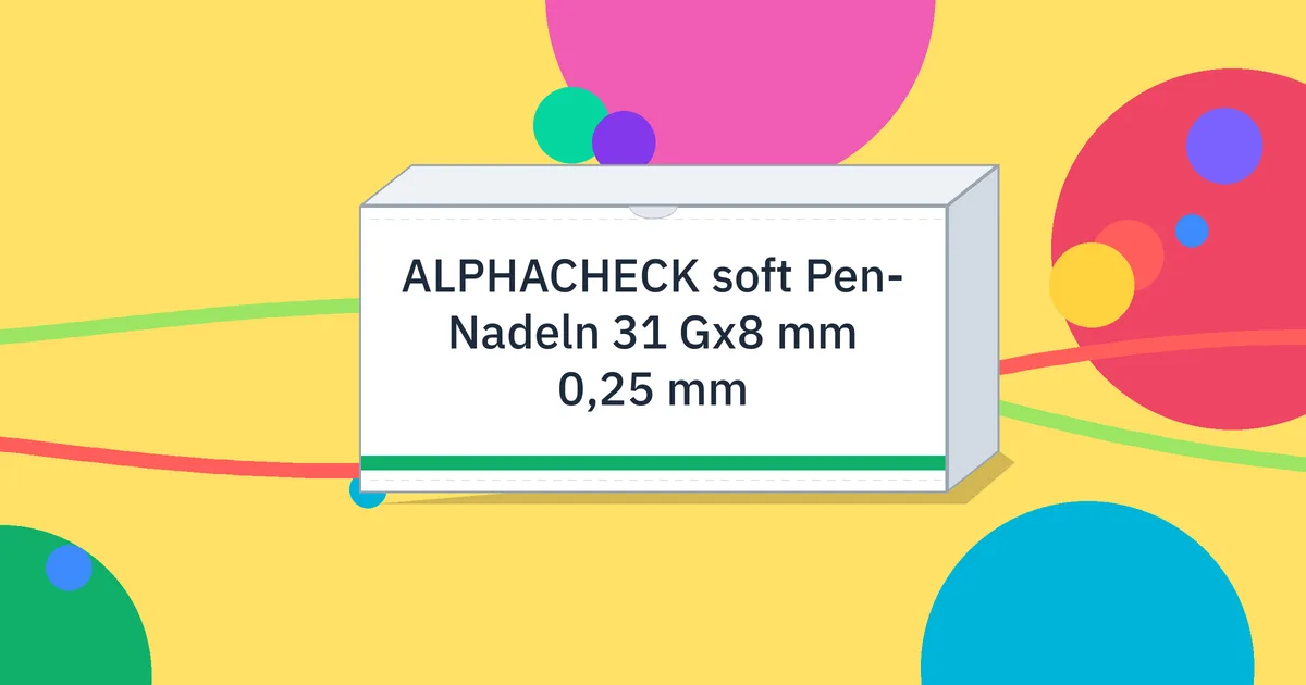 Symbolbild: Packung mit der Aufschrift ALPHACHECK soft Pen-Nadeln 31 Gx8 mm 0,25 mm (PZN 16392278) – Verfügbarkeit und Bezug in Apotheken in Frankfurt am Main