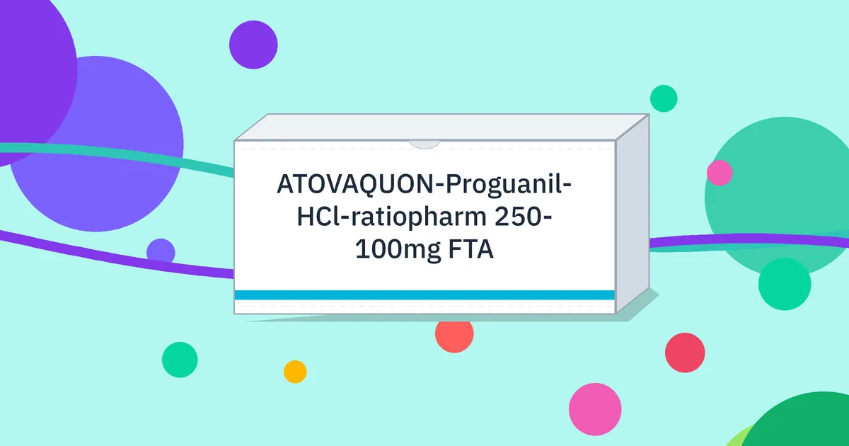 Symbolbild: Packung mit der Aufschrift ATOVAQUON-Proguanil-HCl-ratiopharm 250-100mg FTA (PZN 13723409) – Verfügbarkeit und Bezug in Apotheken in Frankfurt am Main