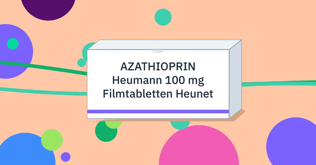 Symbolbild: Packung mit der Aufschrift AZATHIOPRIN Heumann 100 mg Filmtabletten Heunet (PZN 15304183) – Verfügbarkeit und Bezug in Apotheken in Frankfurt am Main