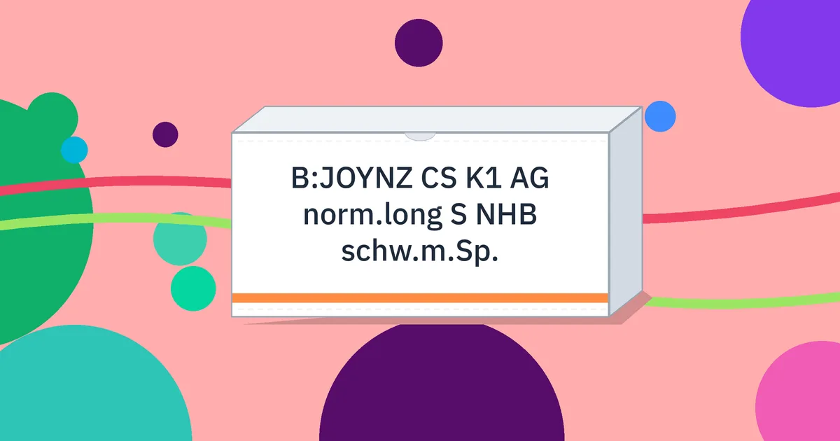 Symbolbild: Packung mit der Aufschrift B:JOYNZ CS K1 AG norm.long S NHB schw.m.Sp. (PZN 20530869) – Verfügbarkeit und Bezug in Apotheken in Frankfurt am Main