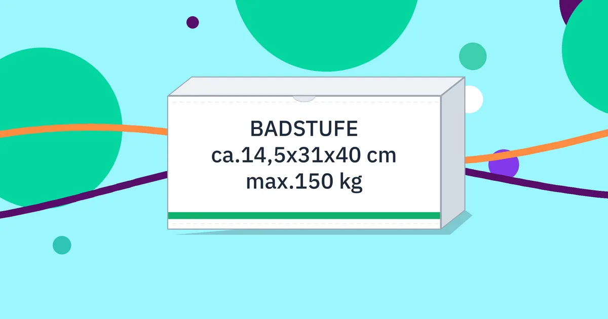 Symbolbild: Packung mit der Aufschrift BADSTUFE ca.14,5x31x40 cm max.150 kg (PZN 17271938) – Verfügbarkeit und Bezug in Apotheken in Frankfurt am Main