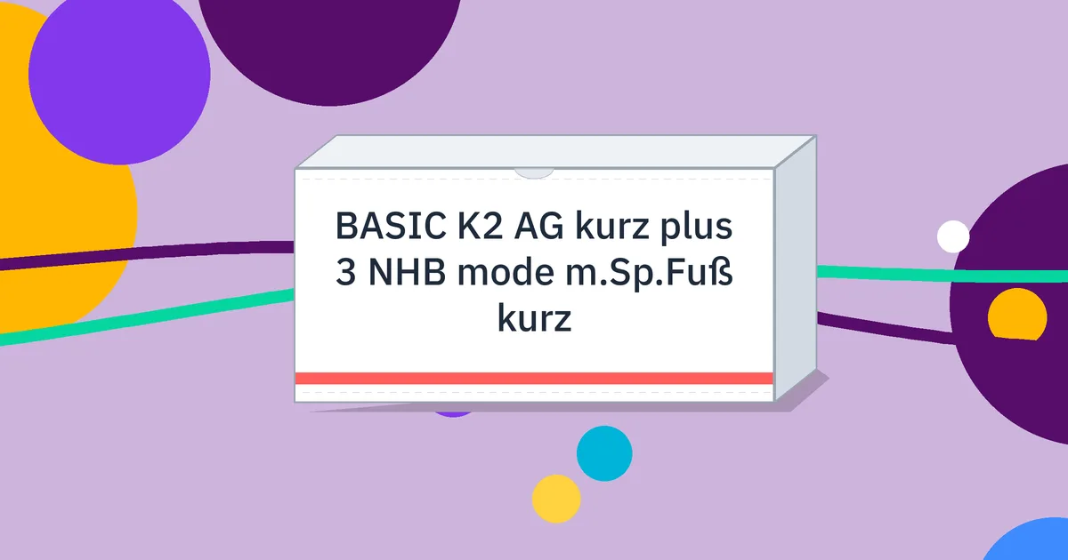 Symbolbild: Packung mit der Aufschrift BASIC K2 AG kurz plus 3 NHB mode m.Sp.Fuß kurz (PZN 20267343) – Verfügbarkeit und Bezug in Apotheken in Frankfurt am Main