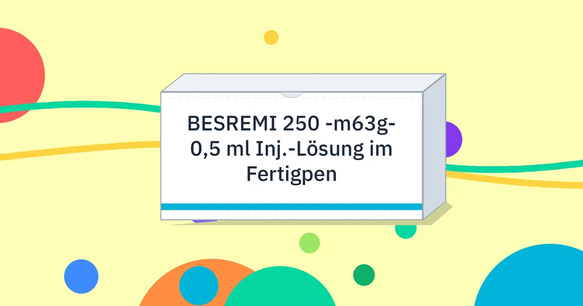 Symbolbild: Packung mit der Aufschrift BESREMI 250 -m63g-0,5 ml Inj.-Lösung im Fertigpen (PZN 20372755) – Verfügbarkeit und Bezug in Apotheken in Frankfurt am Main
