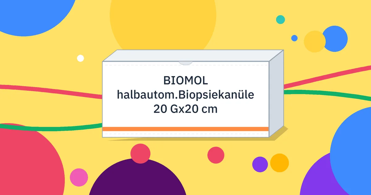 Symbolbild: Packung mit der Aufschrift BIOMOL halbautom.Biopsiekanüle 20 Gx20 cm (PZN 06123844) – Verfügbarkeit und Bezug in Apotheken in Frankfurt am Main