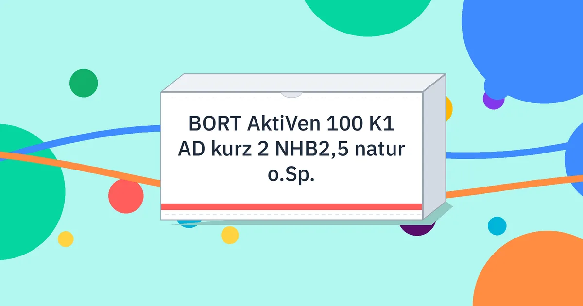 Symbolbild: Packung mit der Aufschrift BORT AktiVen 100 K1 AD kurz 2 NHB2,5 natur o.Sp. (PZN 17498317) – Verfügbarkeit und Bezug in Apotheken in Frankfurt am Main