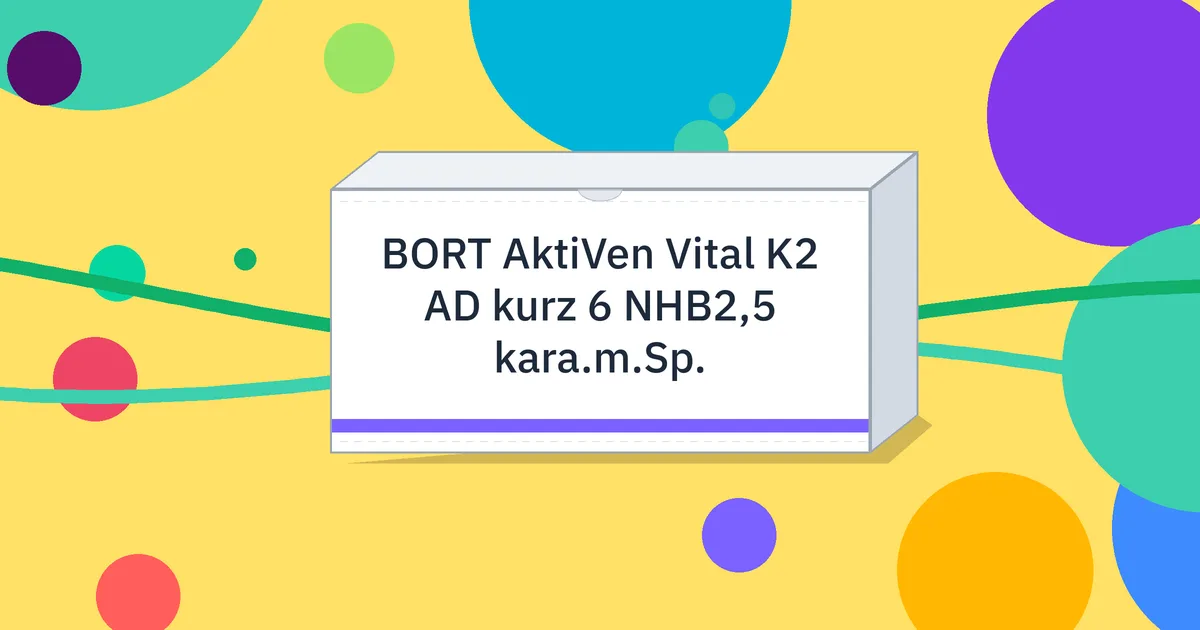 Symbolbild: Packung mit der Aufschrift BORT AktiVen Vital K2 AD kurz 6 NHB2,5 kara.m.Sp. (PZN 17497849) – Verfügbarkeit und Bezug in Apotheken in Frankfurt am Main