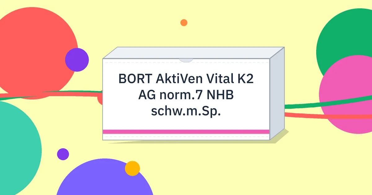 Symbolbild: Packung mit der Aufschrift BORT AktiVen Vital K2 AG norm.7 NHB schw.m.Sp. (PZN 12385040) – Verfügbarkeit und Bezug in Apotheken in Frankfurt am Main