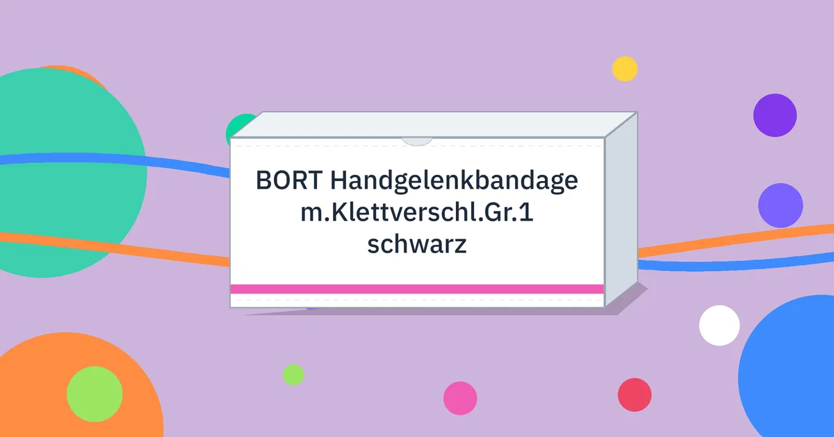 Symbolbild: Packung mit der Aufschrift BORT Handgelenkbandage m.Klettverschl.Gr.1 schwarz (PZN 04654081) – Verfügbarkeit und Bezug in Apotheken in Frankfurt am Main