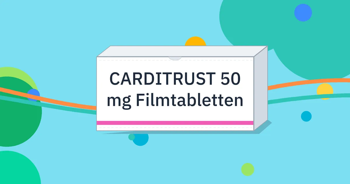 Symbolbild: Packung mit der Aufschrift CARDITRUST 50 mg Filmtabletten (PZN 19827877) – Verfügbarkeit und Bezug in Apotheken in Frankfurt am Main