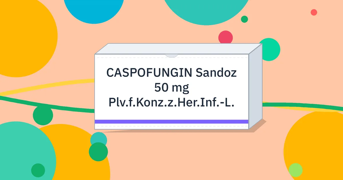 Symbolbild: Packung mit der Aufschrift CASPOFUNGIN Sandoz 50 mg Plv.f.Konz.z.Her.Inf.-L. (PZN 12907716) – Verfügbarkeit und Bezug in Apotheken in Frankfurt am Main
