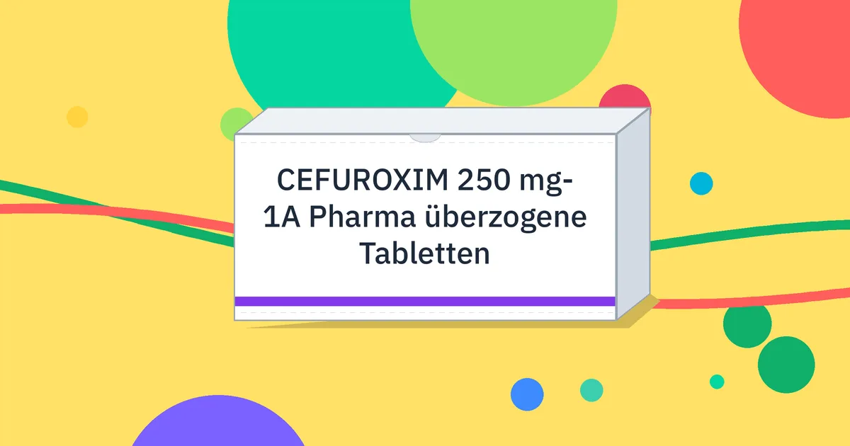 Symbolbild: Packung mit der Aufschrift CEFUROXIM 250 mg-1A Pharma überzogene Tabletten (PZN 04841498) – Verfügbarkeit und Bezug in Apotheken in Frankfurt am Main