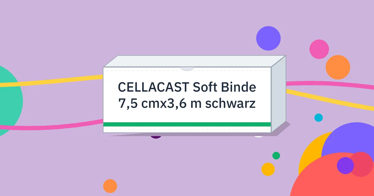 Symbolbild: Packung mit der Aufschrift CELLACAST Soft Binde 7,5 cmx3,6 m schwarz (PZN 14264613) – Verfügbarkeit und Bezug in Apotheken in Frankfurt am Main