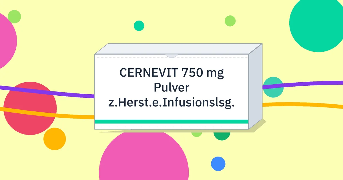 Symbolbild: Packung mit der Aufschrift CERNEVIT 750 mg Pulver z.Herst.e.Infusionslsg. (PZN 17879261) – Verfügbarkeit und Bezug in Apotheken in Frankfurt am Main