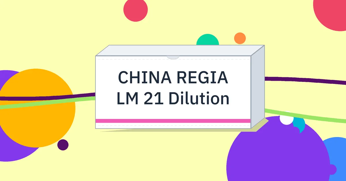 Symbolbild: Packung mit der Aufschrift CHINA REGIA LM 21 Dilution (PZN 12814386) – Verfügbarkeit und Bezug in Apotheken in Frankfurt am Main