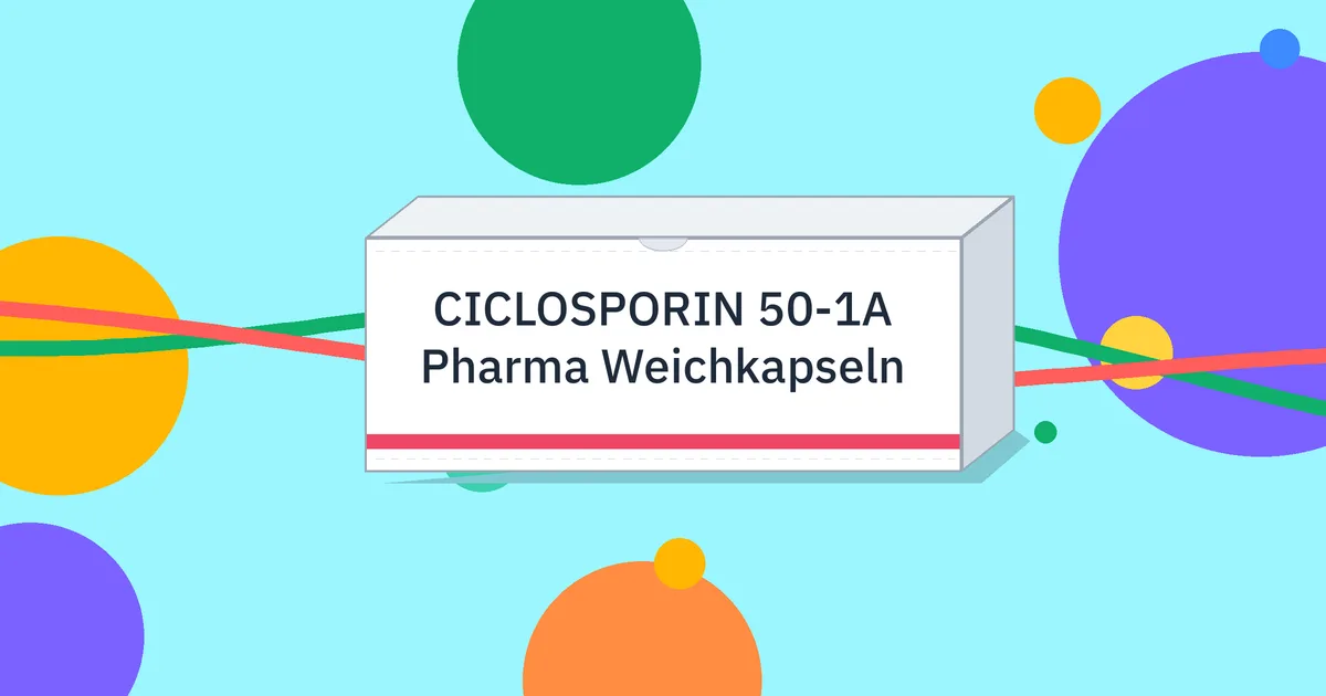 Symbolbild: Packung mit der Aufschrift CICLOSPORIN 50-1A Pharma Weichkapseln (PZN 02725948) – Verfügbarkeit und Bezug in Apotheken in Frankfurt am Main