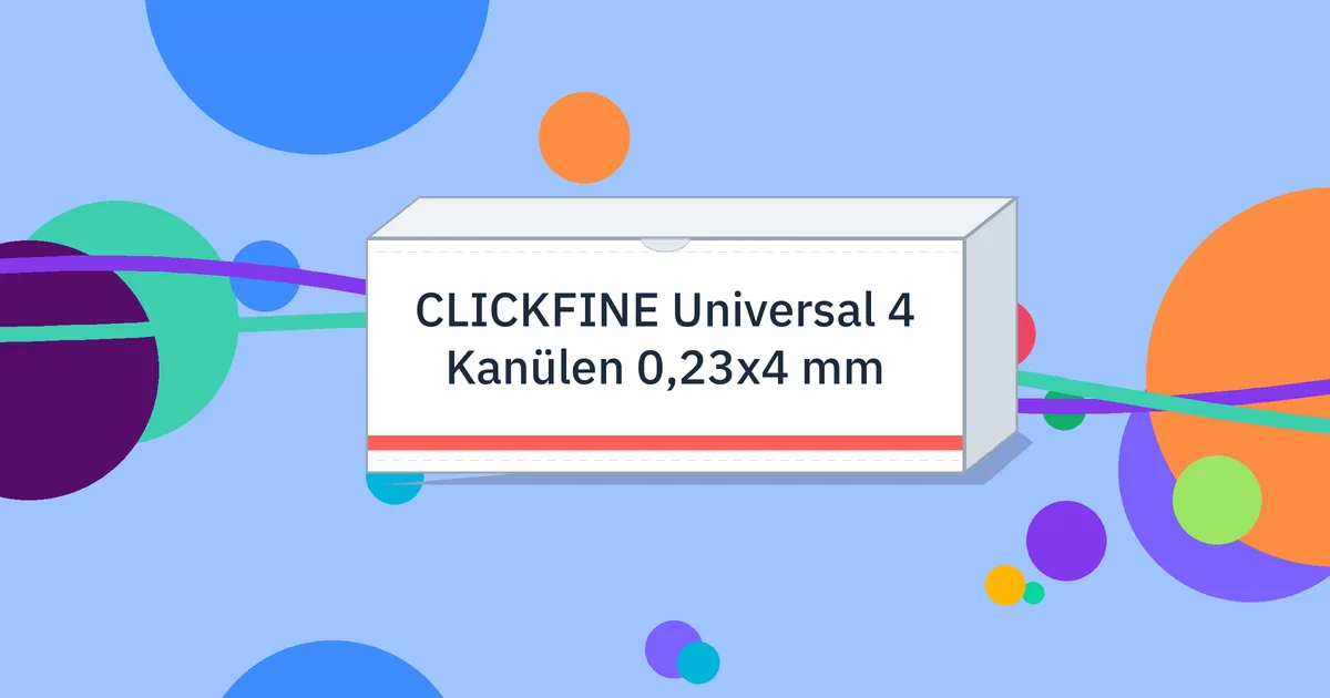 Symbolbild: Packung mit der Aufschrift CLICKFINE Universal 4 Kanülen 0,23x4 mm (PZN 17831478) – Verfügbarkeit und Bezug in Apotheken in Frankfurt am Main