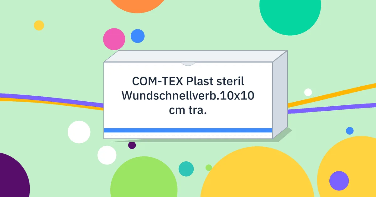 Symbolbild: Packung mit der Aufschrift COM-TEX Plast steril Wundschnellverb.10x10 cm tra. (PZN 10285883) – Verfügbarkeit und Bezug in Apotheken in Frankfurt am Main